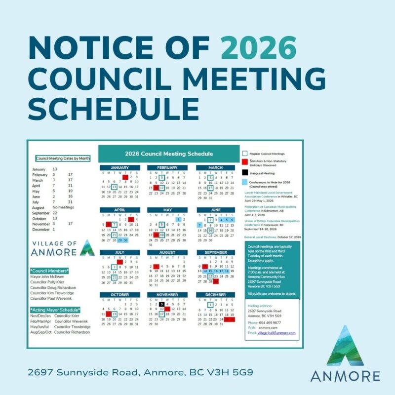 2026 Regular Council Meeting Schedule Village Of Anmore